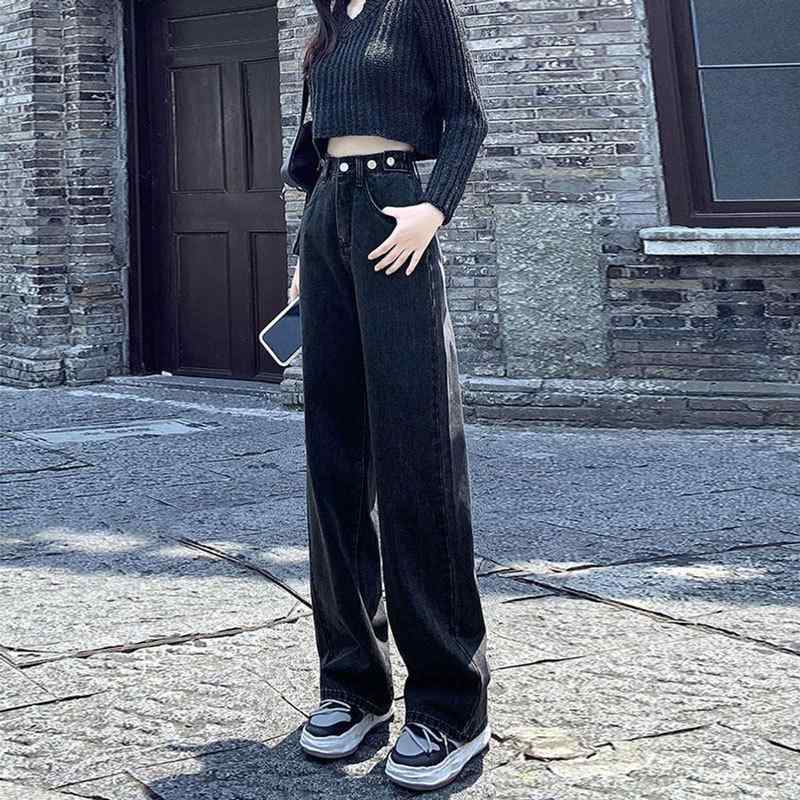 ・カテゴリ: デニムパンツ・素材: 綿70%〜80%・スタイル: ワイドパンツ、通勤風、快適カジュアル・パンツ丈: フルレングス・ウエスト: ハイウエスト・デザイン要素: ファスナー、ボタン、ウォッシュ加工・カラー展開: ダークグレー、レト...