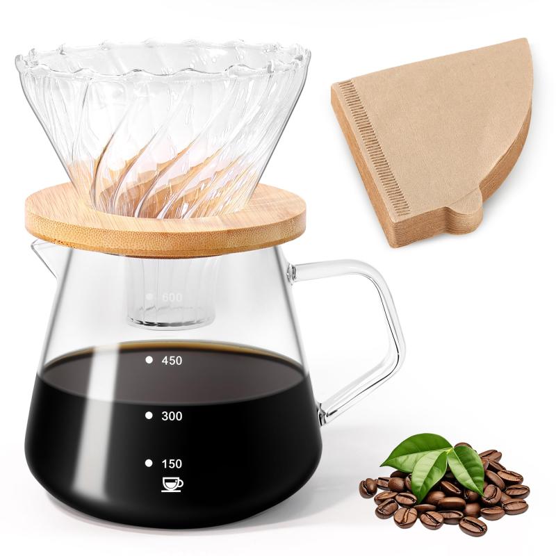 FGIUKC コーヒーサーバー 耐熱ガラス 竹製ホルダー コーヒードリッパー 目盛付き コーヒー ドリップ 器具 電子レンジ可 V60 ドリッパー ハンドドリップコーヒーサーバー コーヒードリップセ