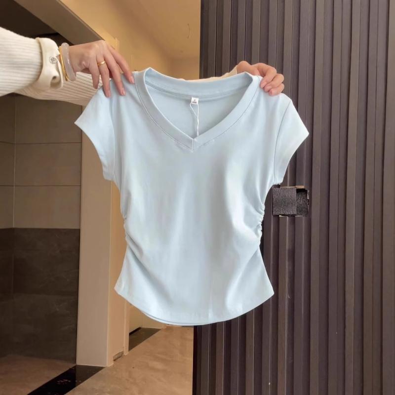 ・カテゴリ: Tシャツ・主な素材: 綿95%以上・柄: 纯色・スタイル: プルオーバー、韓国風カジュアル、セクシーギャル・袖丈: 半袖・工芸: シャーリング・シルエット: スリムフィット・着丈: ショート丈（約40cm超、50cm以下）・ネ...