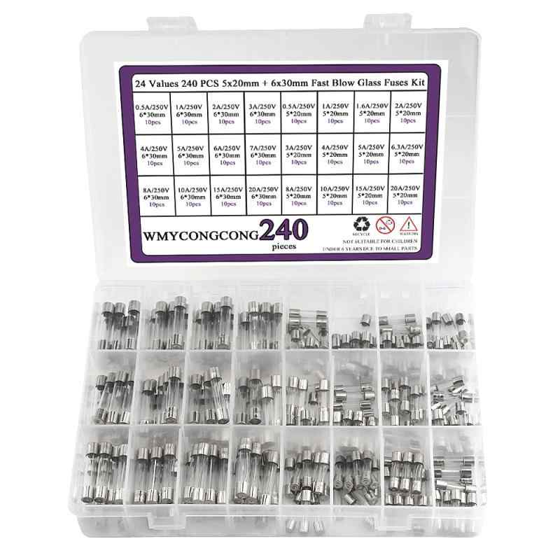 WMYCONGCONG 240個 6x30mm 5x20mm 24値 ファストブローガラス管ヒューズ250V 5x20mm 0.5A 1A 1.6A 2A 3A 4A 5A 6.3A 8A 10A 15A 20A + 6x30mm 0.5A...