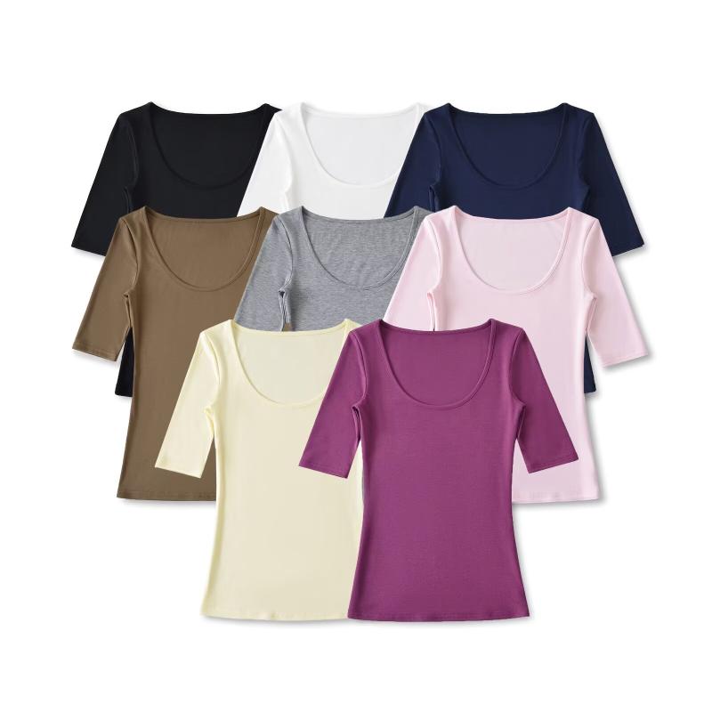 ・カテゴリ: Tシャツ・スタイル: カジュアル、セクシーフェミニン・素材: テンセル（リヨセル）90%以上95%未満・シルエット: スリムフィット・ネックライン: Uネック・袖丈: 5分袖・袖の種類: レギュラースリーブ・デザイン要素: パ...