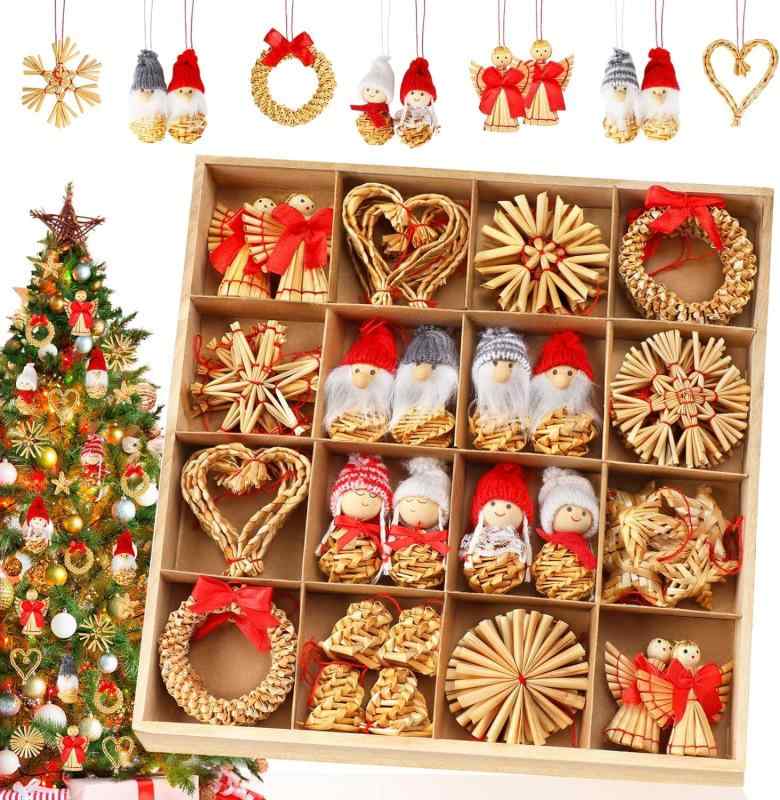 クリスマスツリー オーナメント 52点セット クリスマス飾り 麦わら細工 ストロー わら 雪花 てるてるぼうず クリスマスプレゼント 装飾品 花輪 紐付き クリスマスプレゼント 木箱入れ【セット内容】入数：52個セット、素材：ストロー、他：...