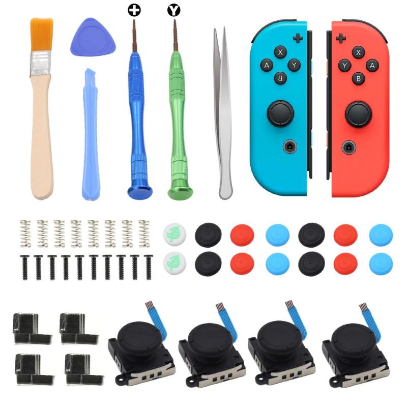 KKLM ジョイコン修理 Switch/Switch Lite/有機elモデル対応 修理キット48点セット 左右コントロール用 3Dセンサーアナログジョイスティック4個 親指キャップ14個付き【48種のツールがセットされた修理キット】Nin...