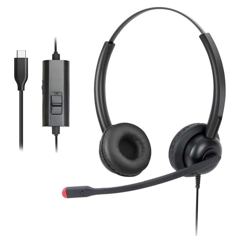 CallezヘッドセットUSB-C マイク付き ノイズキャンセリング PC用ヘッドセット TypeC有線ヘッドホン 両耳 リモコン付き 着信応答/終話 音量調節『手元コントロール＆ミュート機能』このType-C有線ヘッドホンは、マイクミュー...
