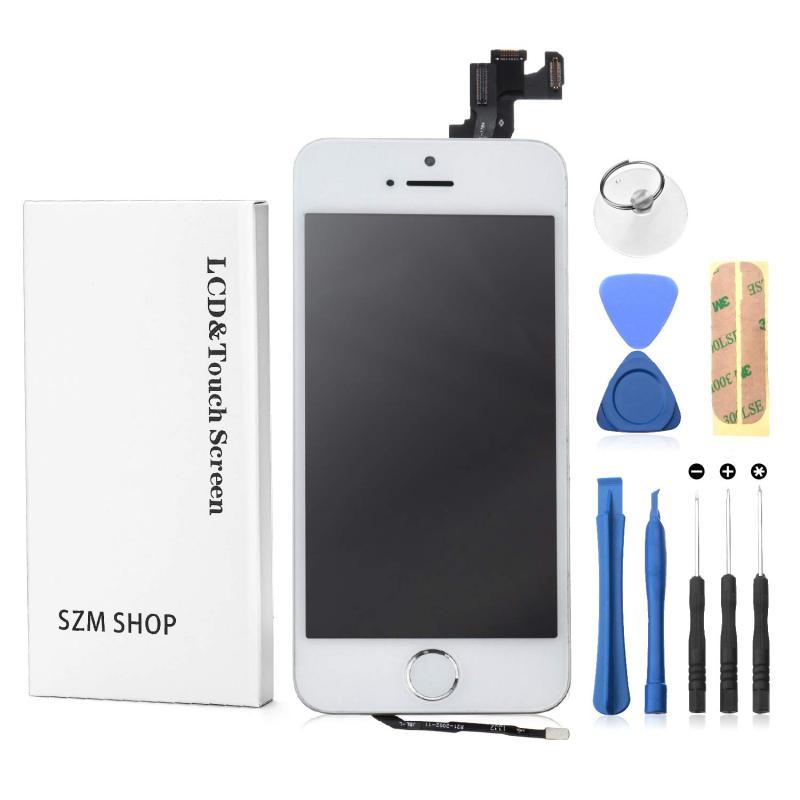 SZM iPhone5S フロントパネル カスタムパーツ 液晶パネル LED スクリーン 修理パーツ 工具付属（スピーカー +フロントカメラ+ホームボタン付き）白表示トラブル、LCDスクリーン割れ、故障したピクセル、配色のトラブル、スクリー...