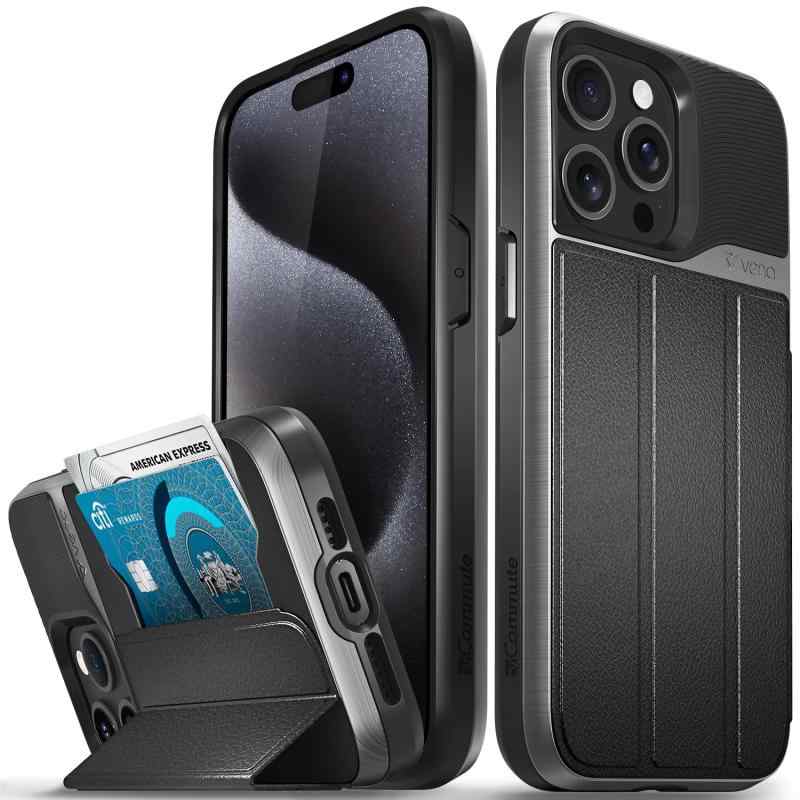 VENA vCommute ウォレットケース Apple iPhone 15 (6.1 インチ) 対応 (軍用グレード落下保護) フリップレザーカバー カードスロットホルダー キックスタンド付き - スペースグレー/ブラック[iPhone ...