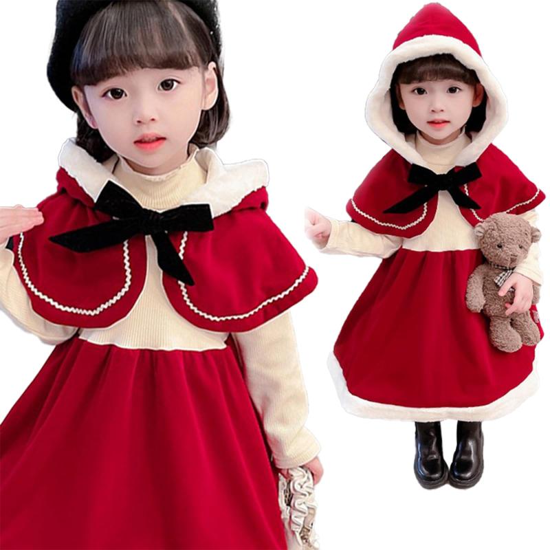 [giminuo] サンタコスプレ 子供 クリスマス コスチューム キッズ クリスマス サンタ コスプレ 子供 女の子 秋冬 ワンピース 赤ずきん 厚手 防寒 2点セット ケープ付き マント イベンド 文化祭 素材：綿 セット内容：製品内容...