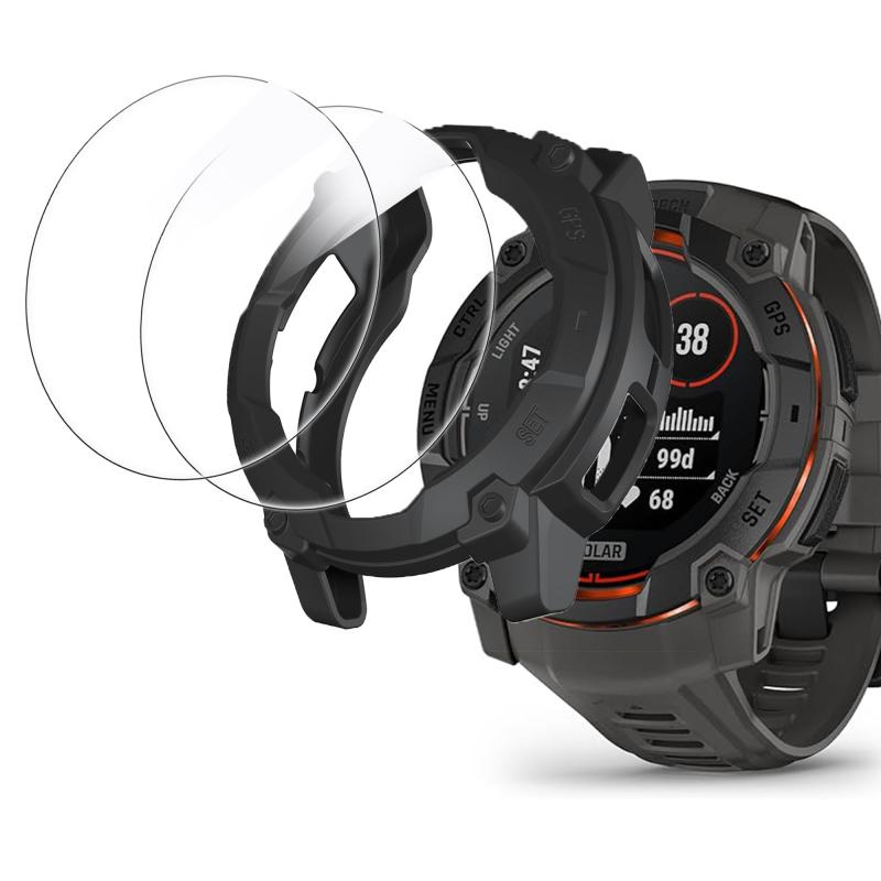 Lamshaw for Garmin Instinct 3 ハードケース、強化ガラススクリーンプロテクター、耐衝撃カバー 傷防止 耐衝撃 対応 Garmin Instinct 3 45mm, 50mmスマートウォッチ【対応機種】Garmin...