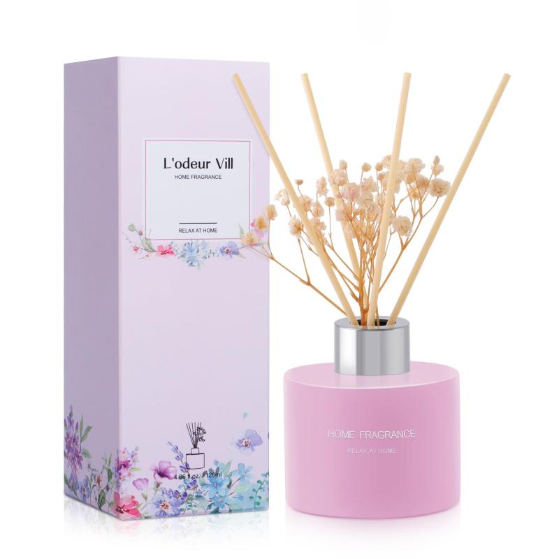 L'odeur Vill リードディフューザー 4.2oz (120ml) ジャスミン &amp; リリー スティック 4 本付 エッセンシャルオイル ホームフレグランス 芳香剤 リビング 玄関 トイレ インテリアかすみ草プリザーブド