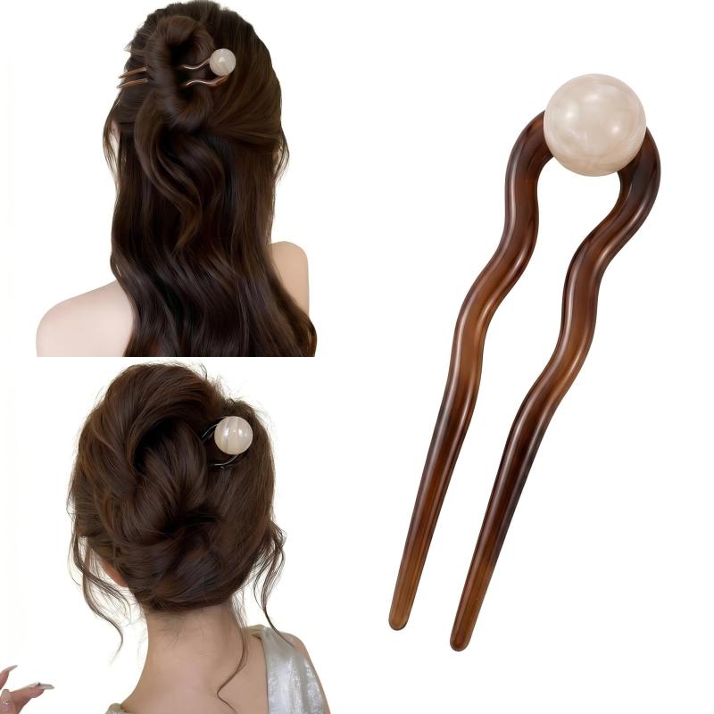 [WENJESO]レトロシンプル ビーズ U 型 ヘアスティック レディース おだんごヘア まとめ髪 ヘアアクセサリー フォークピン