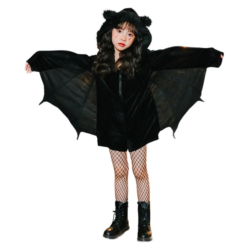 [mxcgzl] ハロウィン コスプレ 子供 コウモリ 小悪魔 吸血鬼 コスチューム衣装 2点セット キッズ用 ヴァンパイア デビル ハロウィン衣装 仮装 黒 可愛い おしゃれ 文化祭 お祭り イベント【2点セット】こうもり羽＆フード付きオ...