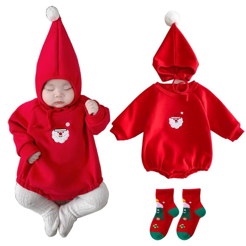 [TUPOLILI] サンタ ベビー ロンパース ベビー服 クリスマス トナカイ クリスマスツリー 長袖 男の子 女の子 3点セット 秋冬 コスプレ 赤ちゃん 子供 衣装 仮装 服 なりきり 着ぐるみ 裏起毛 厚