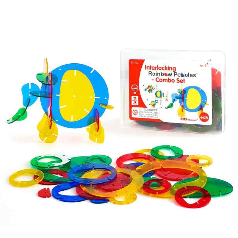 Rainbow Pebbles 透明インターロッキングブロック 96個｜知育パズル 光遊び 色と形の学習 3歳以上【光を通す透明ブロックで楽しむ“光あそび”】透明ブロックは光を透かすと色や影が変化し、美しい見え方を楽しめます。光テーブル・窓...