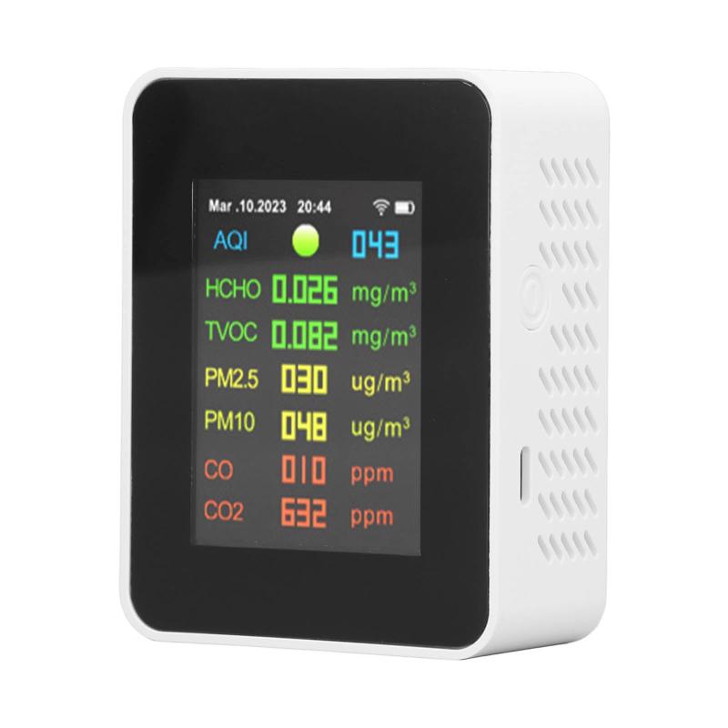 室内空気質メーター、カラー LCD スクリーン付き 2000mAh WiFi テスター、PM2.5、PM10、HCHO、有機汚染物質、CO、CO2、温度、湿度用カラーLCDスクリーン：空気品質検出器には、認識と読み取りが容易なカラーLCDデ...