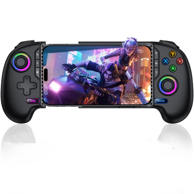 スマホ コントローラー 6色RGBライト 光る ワイヤレス接続 IOS/Android両用 マクロ機能 モバイル ゲームコントローラー 伸縮型 3階段TURBO 4段階振動 Xbox Cloud/Steam Link/GeForce Now...