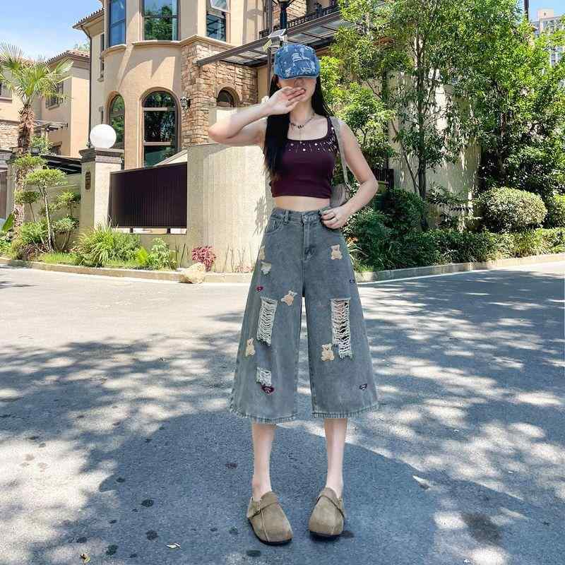 ・カテゴリ: デニムパンツ・素材: 綿50%以上70%未満（デニム生地）・スタイル: ジッパータイプ、通勤風、エレガント・パンツ丈: カプリパンツ（七分丈）・ウエスト: ハイウエスト・生地の厚さ: 薄手・デザイン要素: ダメージ加工・カラー...