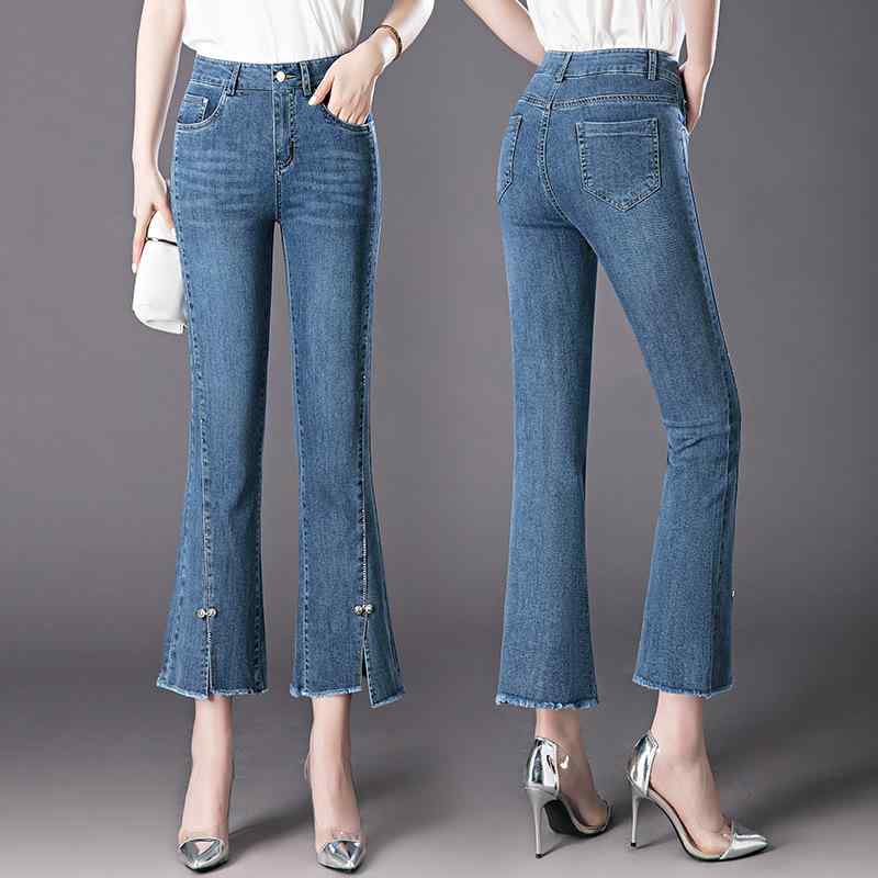 ・カテゴリ: デニムパンツ・主な素材: 綿 70%以上80%以下、アセテート繊維 30%以下・スタイル: カジュアル、都市風、フェミニン・パンツ丈: クロップド丈・ウエスト: ハイウエスト・生地の厚さ: 薄手・デザイン特徴: ビーズ飾り、パ...