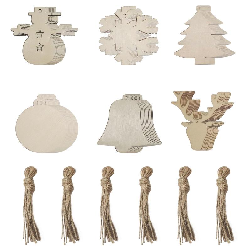 クリスマス オーナメント 木製 60個セット 雪の結晶 雪だるま トナカイ ベル 木材チップ スライス ペンダント クリスマスツリー オーナメント 北欧 クリスマス 飾り 装飾 ギフトタグ 麻紐付【木製クリスマス飾り】雪の結晶、クリスマスツ...