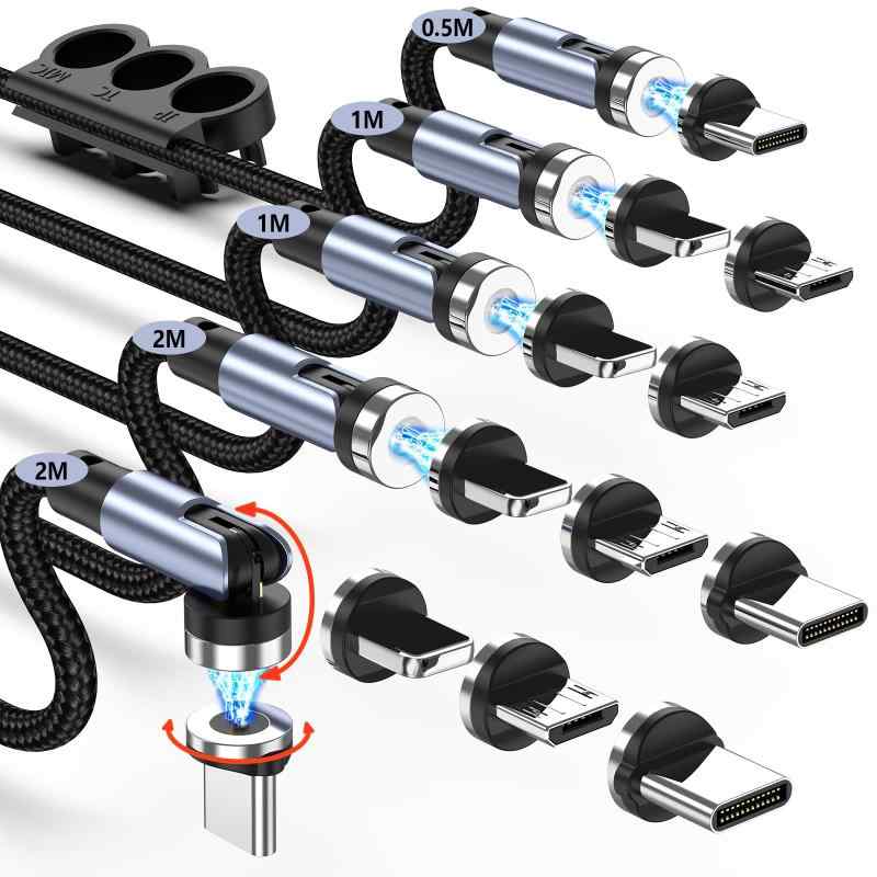 Clenye マグネット 充電ケーブル 【5本セット/0.5+1Mx2+2M+3M＆12コネクタ】 LEDライト内蔵 USBケーブル 3in1 充電器 マグネット 540°回転可能 急速充電 防塵 USBC Micro USB Phone ...