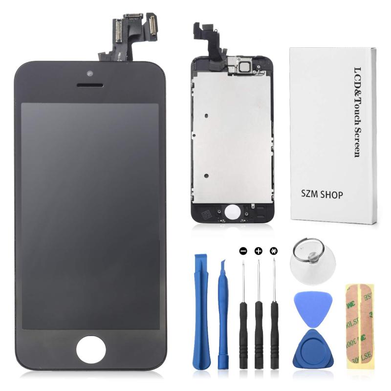 SZM iPhone5S 修理交換用フロントパネルセット 液晶パネルセット タッチパネル 修理パーツ （スピーカー +フロントカメラ付き）ホームボタン無し (5S黒)フロントカメラ、スピーカー 、フロントガラス、デジタイザ（タッチパネル）及...
