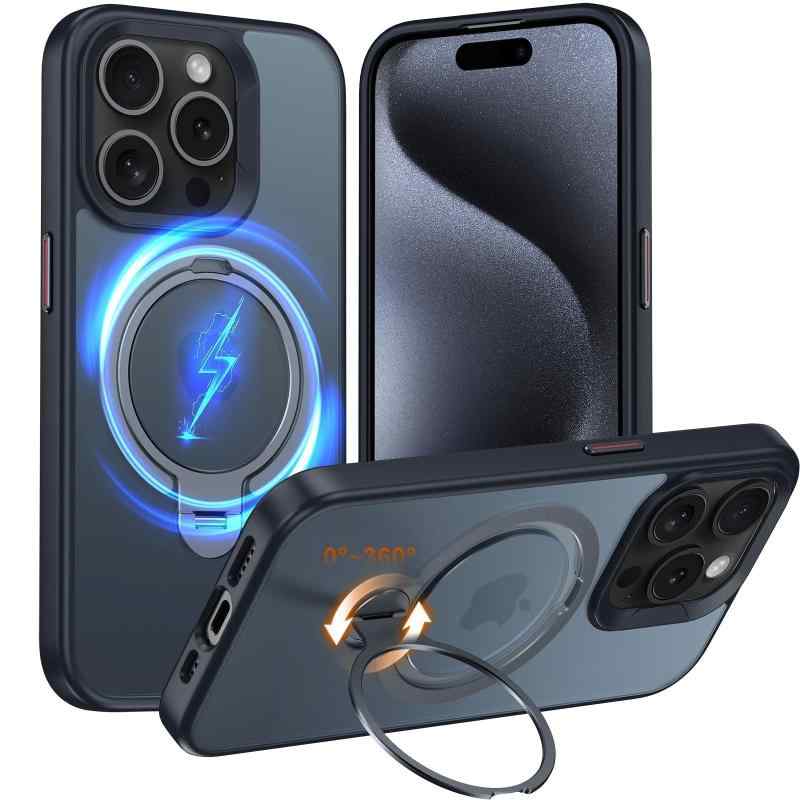 【2024新登場】iPhone 15 用 ケース【360°回転スタンドとMagSafeが同時に対応】縦横両対応 アイフォン15 カバー Fadkzyxr スマホケース マット仕上げ 半透明 指紋防止 米軍規格 耐衝撃 アイホン15 携