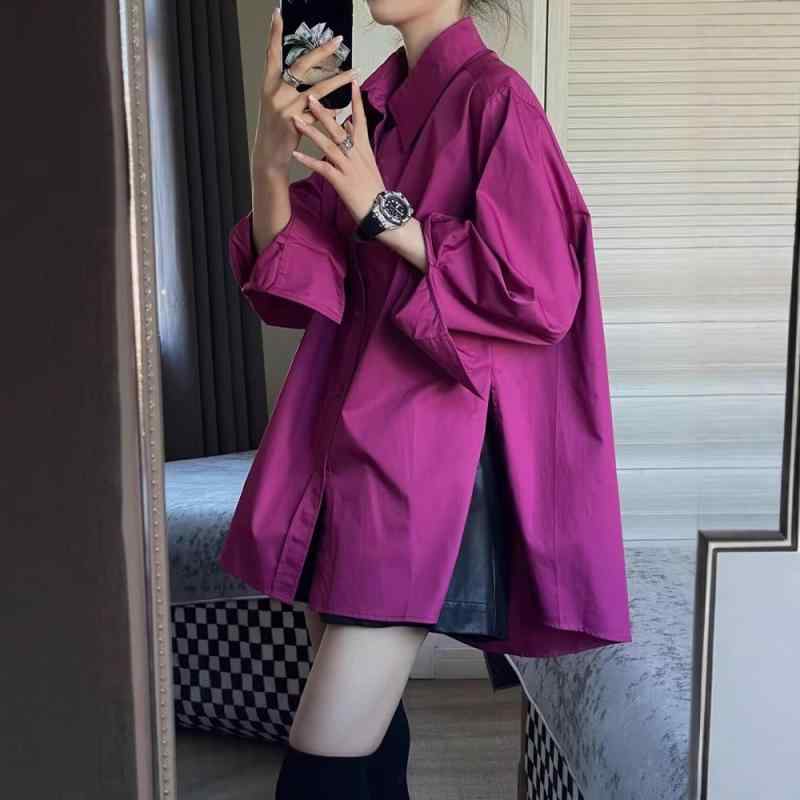 ・カテゴリ: シャツ・素材: シェニール、スパンデックス30%未満・柄: 無地・スタイル: カジュアル、御姐風、お嬢様風・袖丈: 長袖・ネックライン: POLO襟・袖型: ドロップショルダー・カラー展開: パープルレッド・サイズ展開: S、...