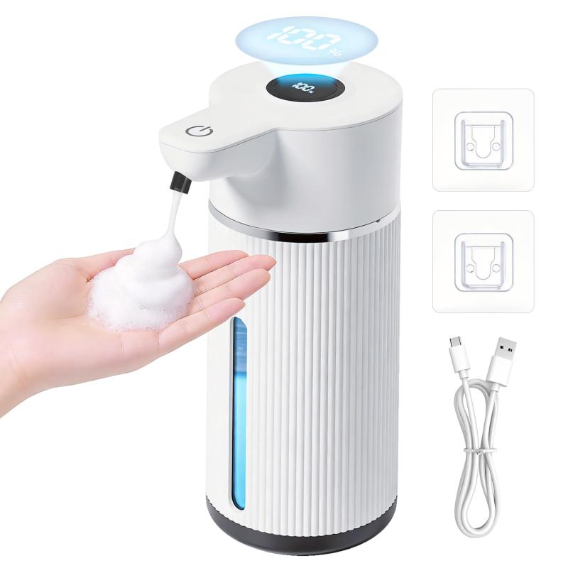 ソープディスペンサー 自動 泡 吐出量4段階調 充電式 IPX5防水 電池残量＆泡レベルLED表示 壁掛け/置き型両用 非接触 静かな音 ディスペンサー 細かい泡 自動ハンドソープ ディスペンサー 大