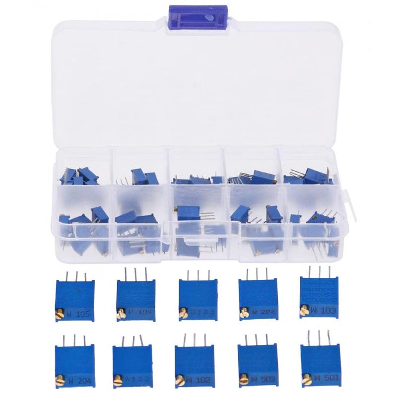 可変抵抗器 50pcs 10種類 3296W オーム抵抗器セット 500R/1K/2K/5K/10K/20K/50K/100K/200K/1M 精密 トリムポット 多回転ポテンショメータ 半固定ボリューム 半固定抵抗 電子 工作 部品 セッ...