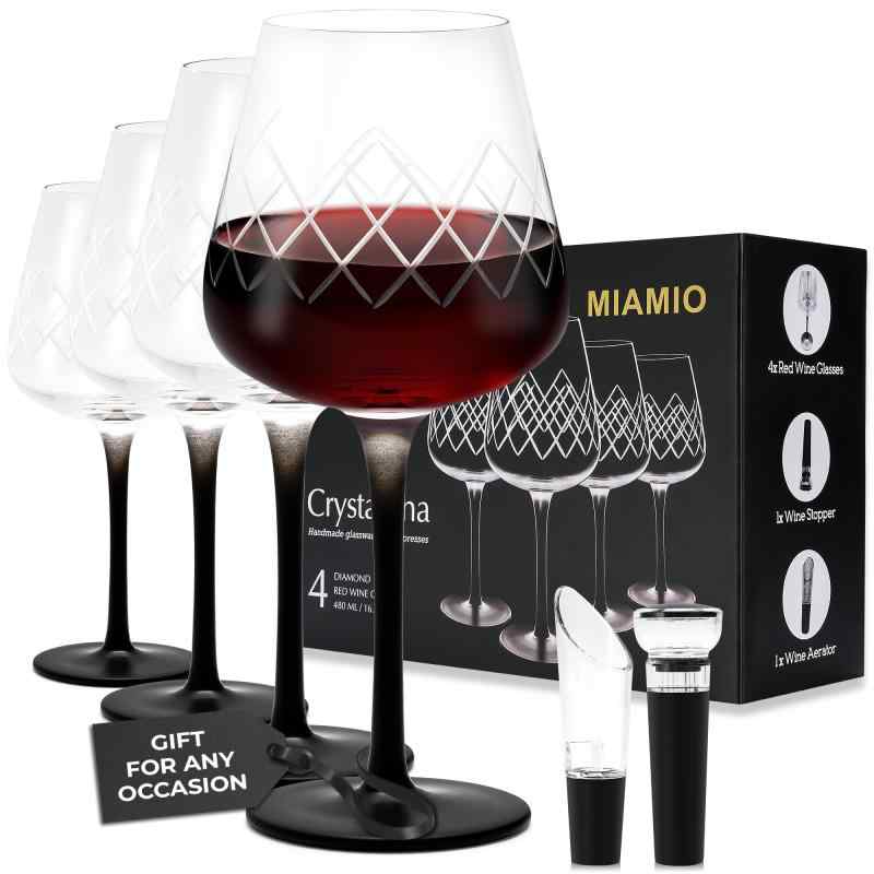 MIAMIO - 480ml 大きい赤ワイングラス 4個セット クリスタルワイングラス 黒のロングステムワイングラス + ワインストッパー＆エアレーター - クリスタルーナコレクション完璧なチョイス - Crystalunaコレクションの赤...