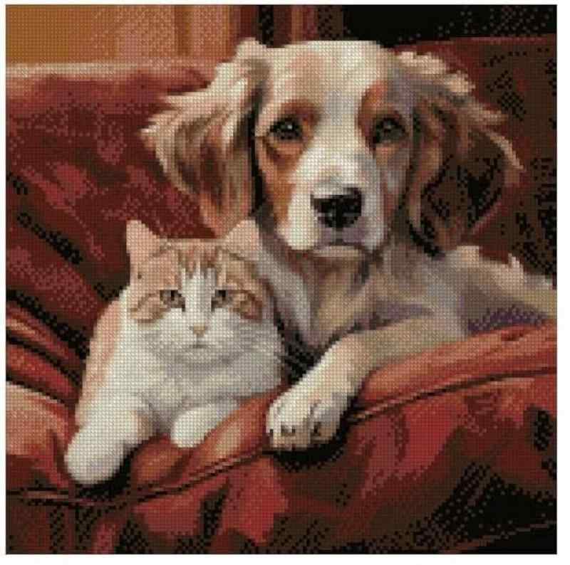 Pal on Sofa クロスステッチキット、14点、150x150ステッチ、26x26cm、猫、犬、カウントクロスステッチキット。14ctコットンブランクアイーダ生地、綿糸、針、チャートの説明がすべて含まれています。ブランドの針、わかりや...