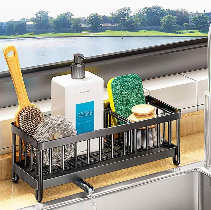 Trusthere シンクキャディスポンジホルダー キッチンシンク用 – シンクカウンターオーガナイザー – ステンレススチールトレイ スポンジ、ディッシュラグブラシ、ソープスクラバー、調理【排水可能】トレイが付きで、取り外し可能な排水ノズ...