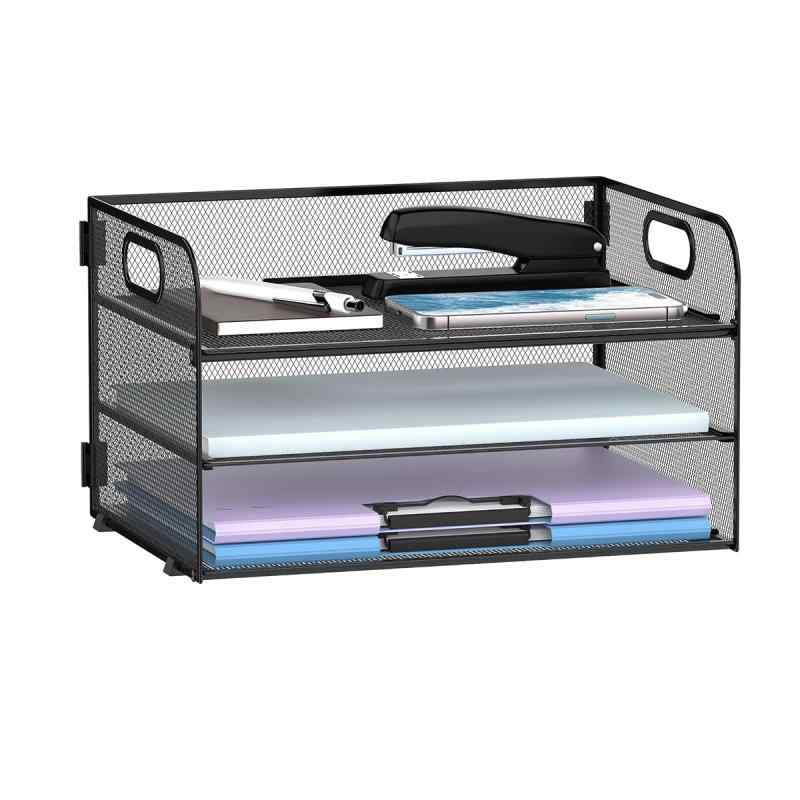 Onesall A3/A4 横型 金属製 レターケース 書類トレー 3段/4段/5段 卓上収納ラック メッシュ ペン 新聞/雑誌/ファイル/デスク/プリント/書類/小物入れ/事務用品整理 組み立て式 おしゃれ ブラック