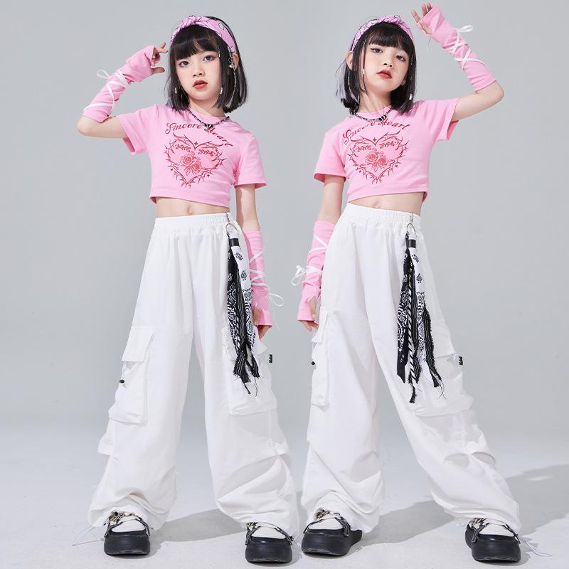 ・カテゴリ: キッズダンス衣装・適用性別: ユニセックス・ダンスタイプ: ヒップホップ・スタイル: ヒップホップ・主な素材: 綿65%・安全基準: B類・カラー展開: JA18ピンクハートアームカバー+F01ホワイトパンツ、JA18ピンクハ...