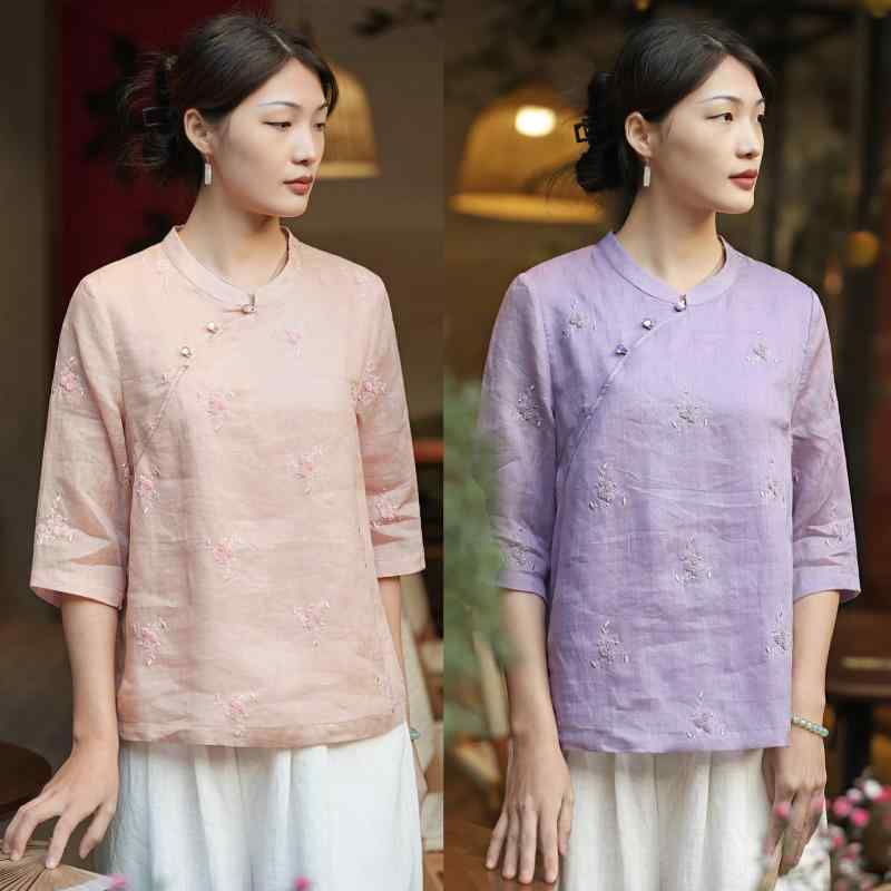 ・カテゴリ: シャツ・素材: 苧麻95%以上・柄: 植物、花、刺繡・スタイル: レトロ、ヴィンテージ・ネックライン: スタンドカラー・袖丈: 七分袖・袖型: レギュラースリーブ・シルエット: レギュラーフィット・着丈: 通常丈（50cm超6...