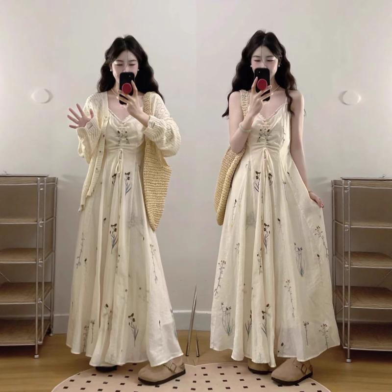 ワンピース レディース プラスサイズ フレンチガーリー 透かし編み カーディガン セットアップ レトロ ロング丈 ノースリーブ マキシ丈 オールシーズン・パターン: 拼色・上衣スタイル: Tシャツ・スカート丈: 中長裙・流行要素: 立体装飾...
