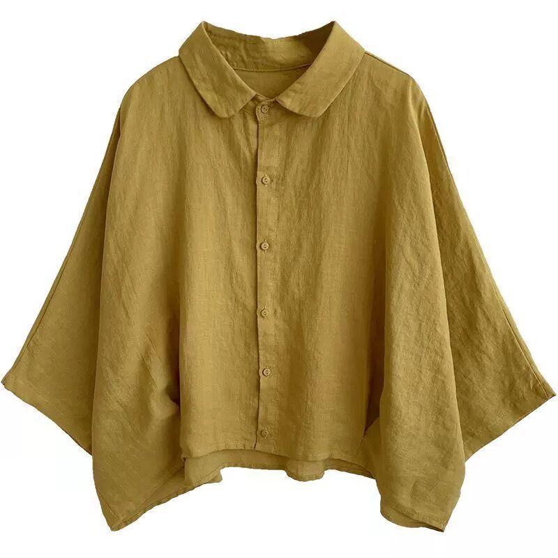 シャツ レディース トップス 半袖 綿麻 レトロ ゆったり 体型カバー デザインシャツ 無地 薄手 ブラウス 春夏 オールシーズン 大人カジュアル 普段着・カテゴリ: シャツ・素材: 綿、再生繊維・柄: 無地・袖丈: 五分袖・加工: 拼貼/...