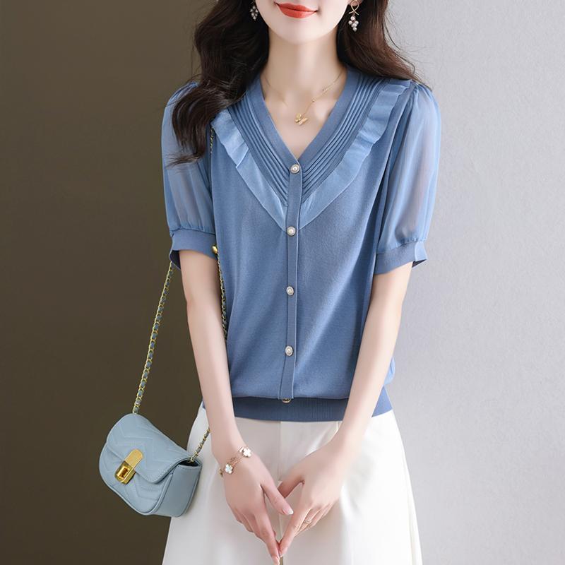 Tシャツ レディース 半袖 シフォン Vネック トップス ブラウス 接触冷感 ニット 荷叶边 体型カバー 春夏 通勤 カジュアル かわいい・カテゴリ: ニット・素材: ポリエステル100%・柄: 無地・厚さ: 薄手・スタイル: 通勤・シルエ...