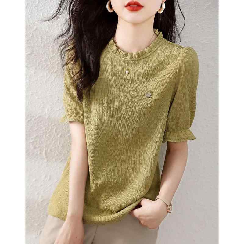 Tシャツ レディース カットソー ブラウス プルオーバー 半袖 フリルネック 肌理感 薄手 無地 カジュアル 清楚系 大人かわいい 通勤 お出かけ オールシーズン・素材: ポリエステル・袖丈: 半袖・シルエット: 修身・襟: フリルカラー・...