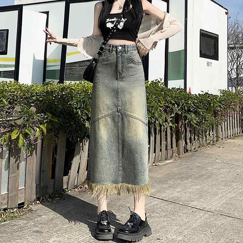 デニムスカート レディース Aライン ハイウエスト ロング丈 ミモレ丈 切り替え ヴィンテージ風 フリンジ スリット 痩せ見え 低身長向け カジュアル オールシーズン・加工: ヴィンテージ加工・素材: デニム・主な素材配合: スパンデックス...