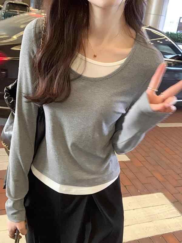 Tシャツ レディース オールシーズン フェイクレイヤード 重ね着風 デザイン 長袖 切り替え 配色 Uネック インナー トップス 不規則 カジュアル デイリー 普段使い シンプル おしゃれ 着回し きれいめ 大人可愛い トレンド 伸縮性・素...