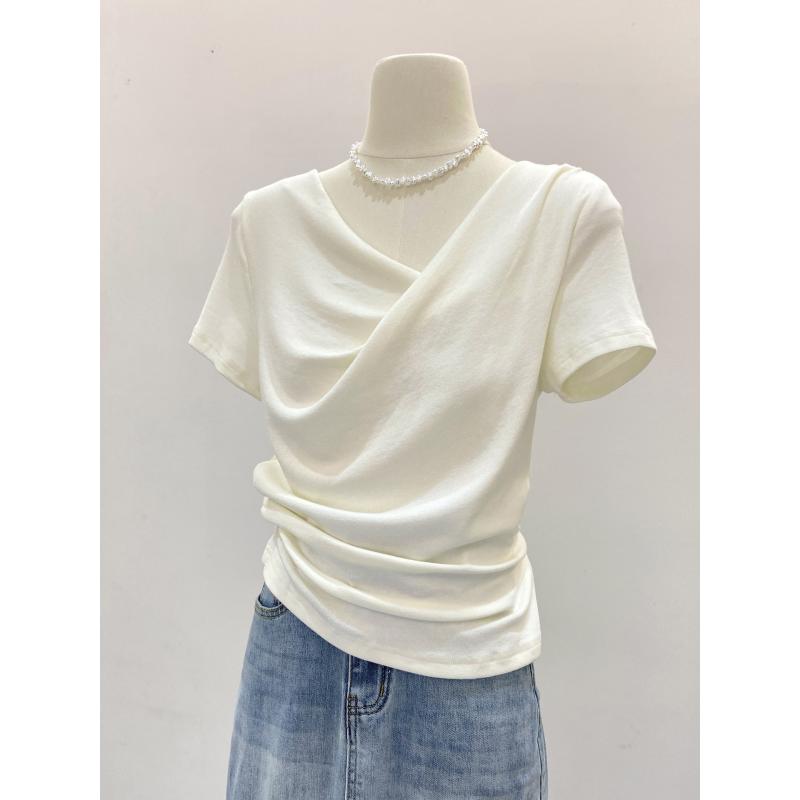 トップス レディース 半袖 Tシャツ ショート丈 ギャザー 肌見せ セクシー オフショルダー ドレープネック タイト ウエストシェイプ 春夏 カジュアル・カテゴリ: Tシャツ・主な素材: ビスコース30-50%・スタイル: 通勤風・ネックラ...