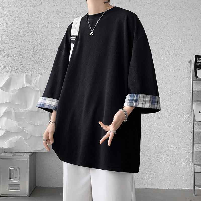 Tシャツ メンズ 半袖 クルーネック ビッグシルエット チェック柄 切り替え カジュアル トップス 港風 ストリートブランド ファッション オールシーズン 普段使い おしゃれ 着回し コットン素材 通気性 吸汗性 デイリーウェア リラックス...
