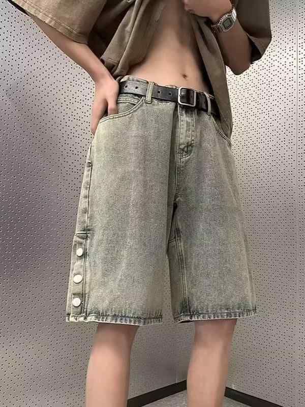 ハーフパンツ メンズ 五分丈 デニム ヴィンテージ風 ストレート ボタン スリット 膝上丈 ジーパン 水洗い加工 ゆったり 薄手 カジュアル 普段着 オールシーズン・素材: デニム、綿63.9%・パンツ丈: 五分丈・シルエット: 直筒型・伸...