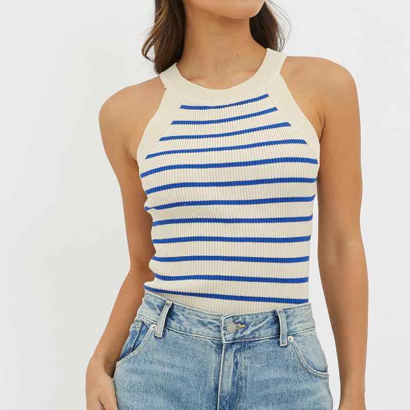 トップス ベスト レディース ノースリーブ ニット ストライプ セクシー カジュアル インナー 重ね着 伸縮性 肌触り 柔らかい オールシーズン・スタイル: プルオーバー・フィット感: スリムフィット・着丈: ショート（40-50cm）・柄...