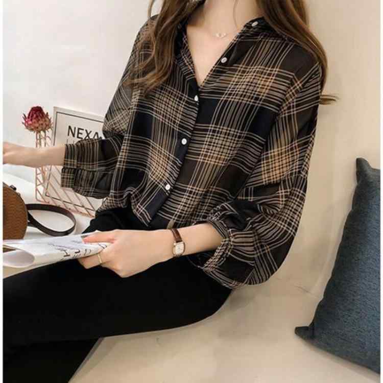 シャツ レディース 長袖 シフォンブラウス チェック柄 ランタン袖 ゆったり 大きいサイズ 体型カバー 韓国風 夏・素材: ポリエステル・主成分: 綿・副成分: アクリル・柄: チェック・スタイル: カーディガン・袖丈: 長袖・技法: パッ...