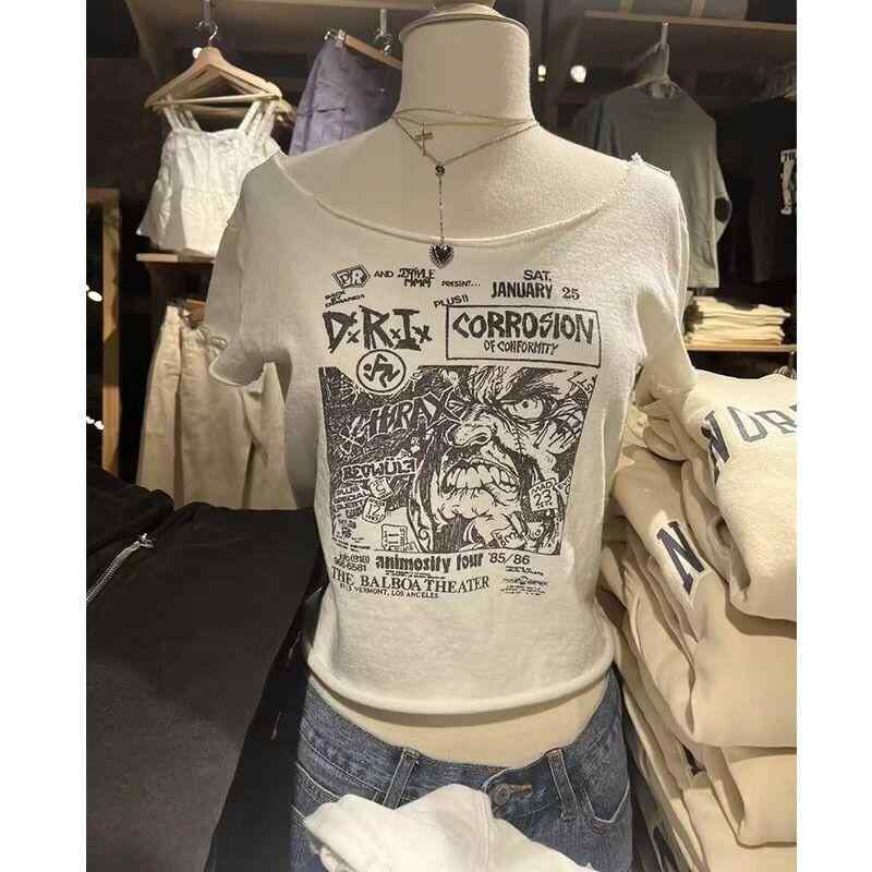 Tシャツ レディース 半袖 ロックバンド風 プリント オフショルダー クロップド丈 トップス カットオフ ロールアップ オフホワイト 春夏 カジュアル トレンド 普段使い デイリーユース おしゃれ 綿混・カテゴリ: Tシャツ・素材: 綿70...
