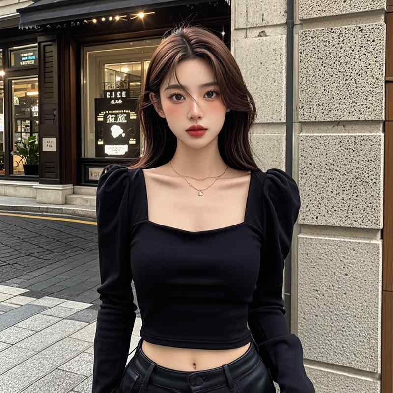 Tシャツ レディース スクエアネック パフスリーブ 黒 スリムフィット 着痩せ クロップド丈 インナー ピュアセクシー スタイルアップ 低身長向け・カテゴリ: Tシャツ・素材: ポリエステル・混率: ポリエステル50%〜70%・柄: 無地・...