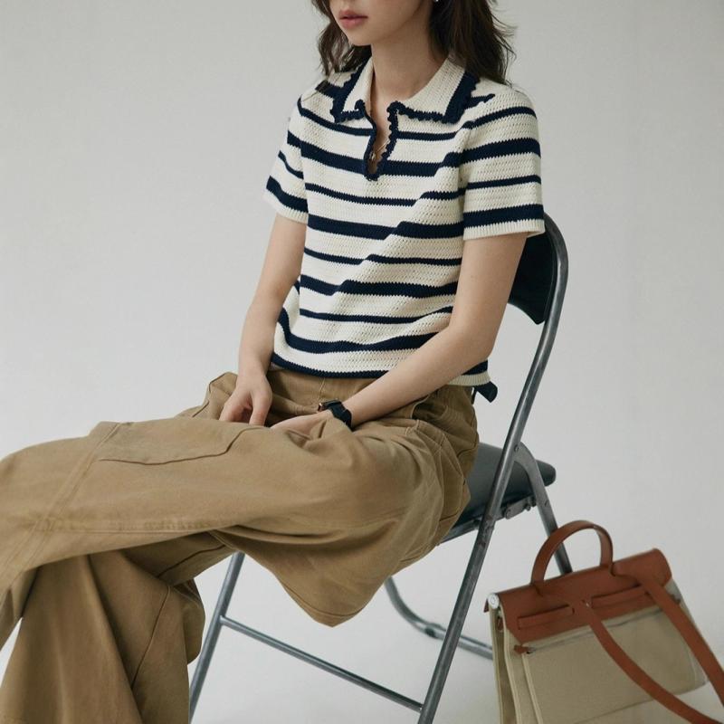 Tシャツ レディース 半袖 ニット ポロ襟 バイカラー ボーダー柄 通勤 通学 普段使い カジュアル シンプル 春夏・カテゴリ: Tシャツ・主素材: ポリエステル・副素材: 綿・柄: ストライプ、チェック・スタイル: プルオーバー・袖丈: ...
