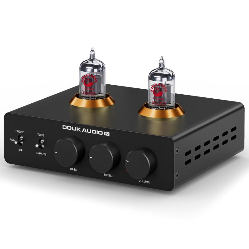 Douk Audio P7 真空管プリアンプ レコードプレーヤー フォノイコライザー: MMフォノ/XLR出力 PSVANE ECC83 新生産管採用 HIFI用 高域低域調整可能 ハイパスフィルター内蔵 レコード&amp;デジタル音源対M...
