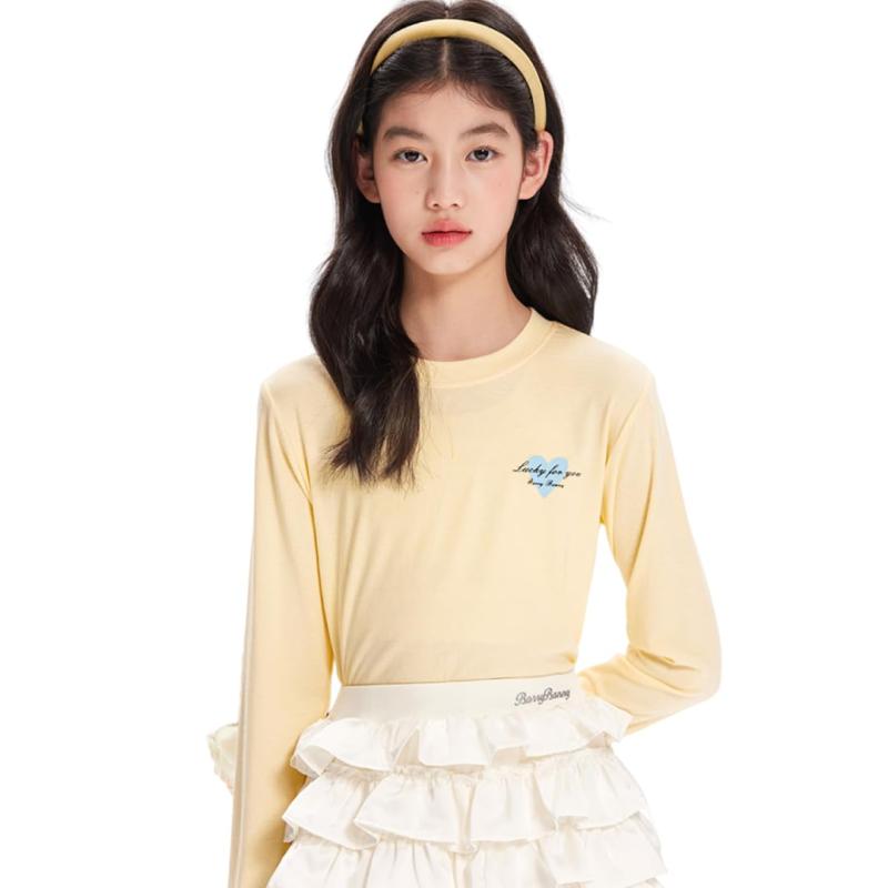 [Barry Banny] 長袖tシャツ キッズ ガールズTシャツ 子供服 女の子 トップス インナー 薄手 モダール ハート柄 柔らかい 快適 ラウンドネック 正肩 スリムフィット 可愛い 小学生 中学生 春 秋 冬【素材】薄手なモダール...